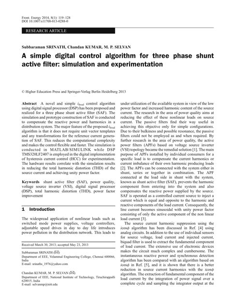 Pdf A Simple Digital Control Algorithm For Three Phase Shunt Active Filter Simulation And