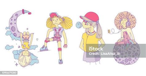 彩色設置的少女圖示 可愛的卡通青少年物件 有趣的貼紙設計向量在青少年女孩的概念青少年塗鴉圖示集彩色手繪的少女圖示集向量圖形及更多人圖片