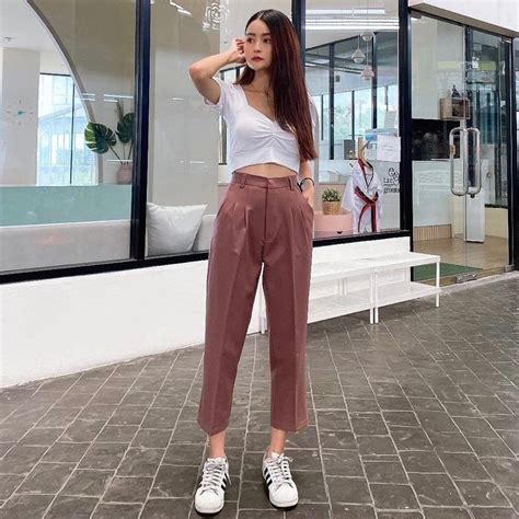 กางเกงเอวสูงทรงบอย8ส่วนผ้าเปเป้38” Shopee Thailand