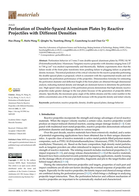 Pdf Perforation Of Double Spaced Aluminum Plates By Reactive Projectiles With Different Densities