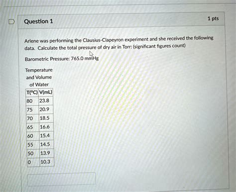 question 1 1 pts arlene was performing the clausius clapeyron
