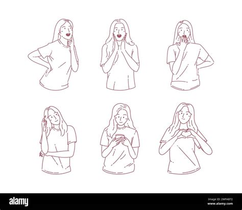 Various Behavior Pose Happy Expression Woman Character Hand Drawn Line