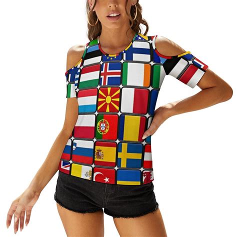 2024 International Flag Collage New Fashion Zip Off Shoulder Top Short