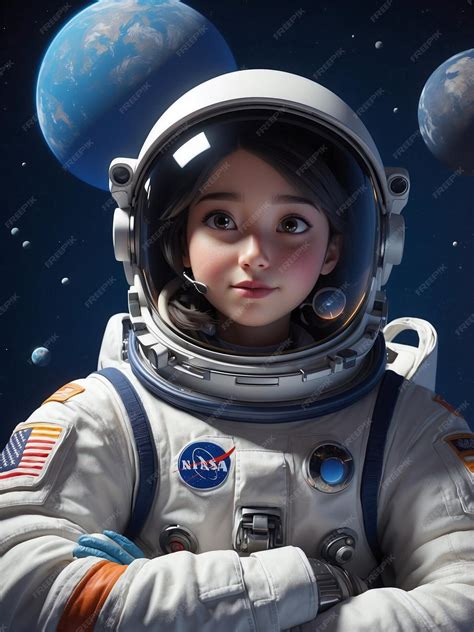 Young Female Astronaut In Space Suit With Planets In Background