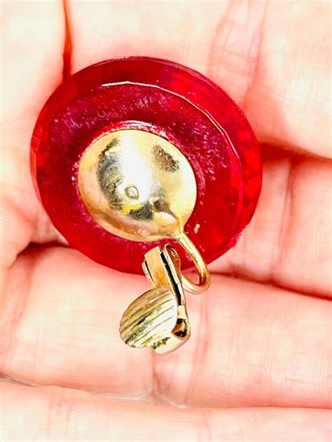 Dalsheim Ruby Red Lucite Dome Clip Earrings Gem
