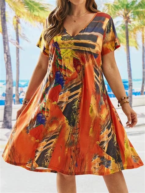 Plus Size V Neck Abstract Printed Casual Loose Dress Zolucky