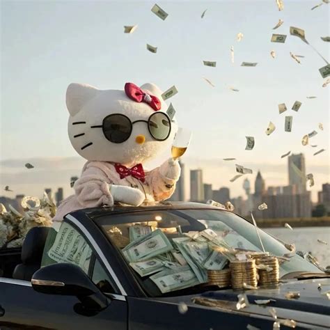 酷炫hello Kitty，戴着墨镜坐豪车，钞票飞舞尽显奢华 发财暴富kitty猫头像表情包图片动图 求表情网斗图从此不求人