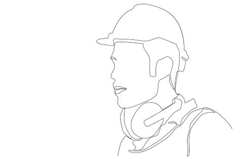 하드 햇을 입은 엔지니어의 연속 한 줄 그리기 디자인 벡터 일러스트 흰색 배경에 보호 헤드폰을 착용한 작업자 엔지니어에 대한