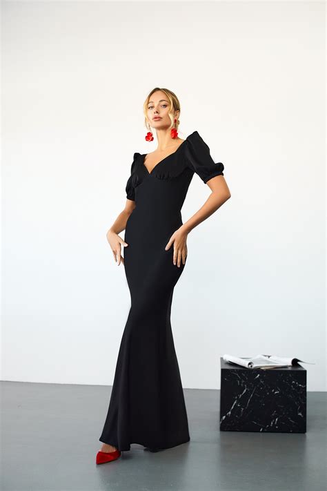 Black Satin Puff Sleeve Maxi Dress Elagia