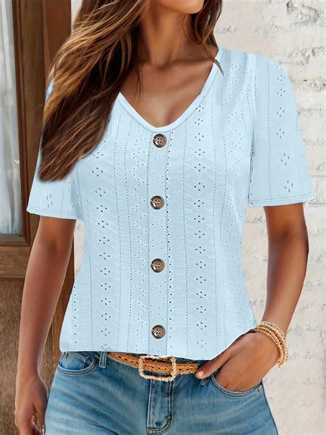 Eyelet V Neck Button Decor T Shirt Casual Short Sleeve T Temu Ireland