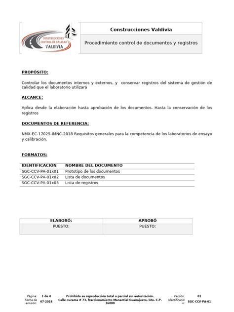 Sgc Ccv Pa 01 Procedimiento Control De Documentos Y Registros Pdf