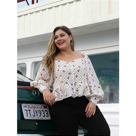 Plus Size White Long Lantern Sleeve Sweetheart Neckline Polka Dot
