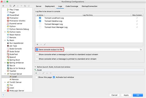 Logging Redirect Apache Tomcat Console Log To Intellij Output Tab