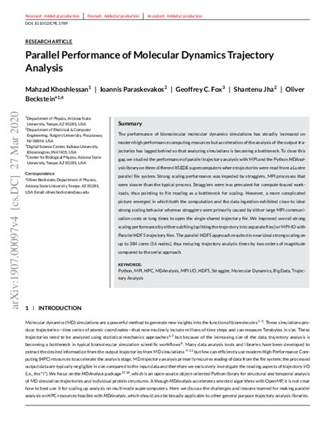 Pdf Parallel Performance Of Molecular Dynamics Trajectory Analysis