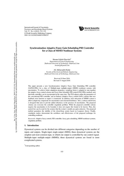 10 Synchronization Adaptive Fuzzy Gain Scheduling Pid Controller For A
