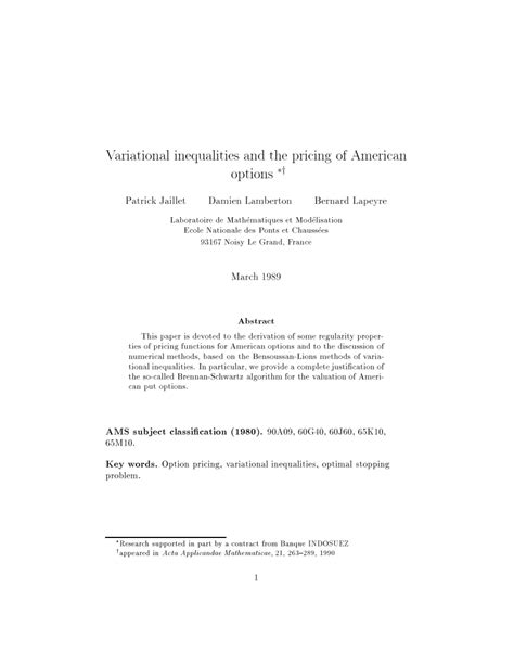 Pdf Variational Inequalities And The Pricing Of American Options