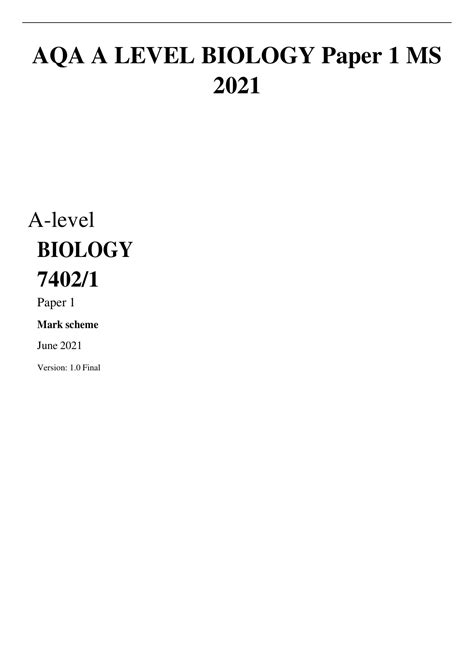 Aqa A Level Biology Paper 1 Ms 2021 Aqa Stuvia Us