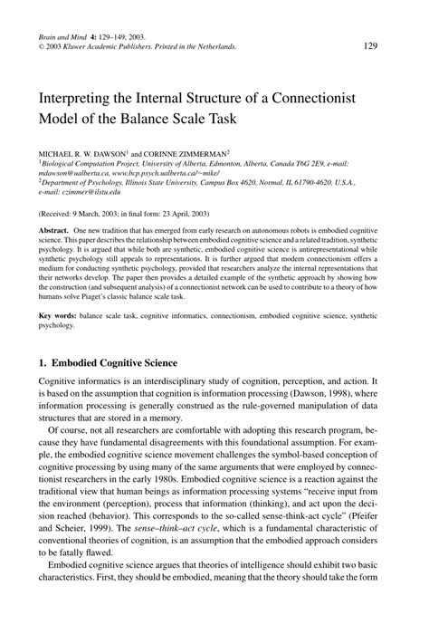 Pdf Interpreting The Internal Structure Of A Connectionist Model Of The Balance Scale Task