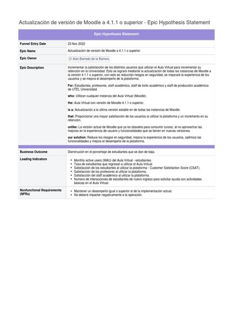 Epic Hypothesis Statement Pdf Moodle Informática