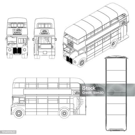 흰색 배경에 고립 된 검은 색 라인에서 2 층 복고풍 영어 버스의 윤곽으로 설정합니다 전면 후면 측면 위 등등보기 벡터 일러스트레이션 이층 버스에 대한 스톡 벡터 아트 및