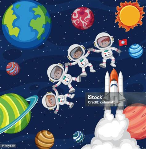 Cartoon Space Background With Astronauts向量圖形及更多space And Astronomy圖片