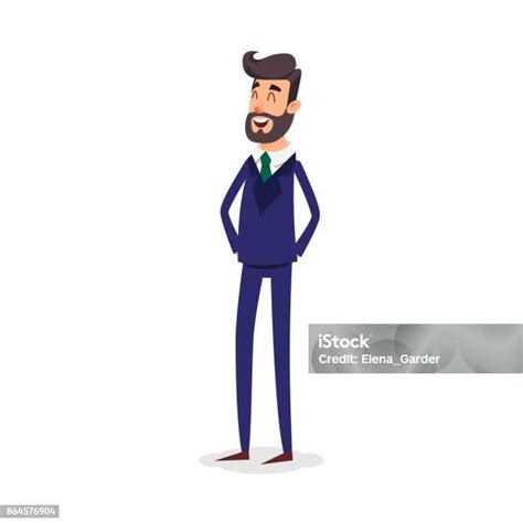 소송에서 성공적인 Businesman 만화 평면 스타일에 젊은 사무실 매니저입니다 프로 세일즈 맨은 흰색 바탕에 웃 고입니다 큰