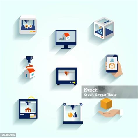 프린터 3d 플랫 아이콘 세트 현대 건축 미래 지향적 인 건물 프로세스 절연 벡터 일러스트 레이 션 3차원 인쇄에 대한 스톡 벡터 아트 및 기타 이미지 Istock