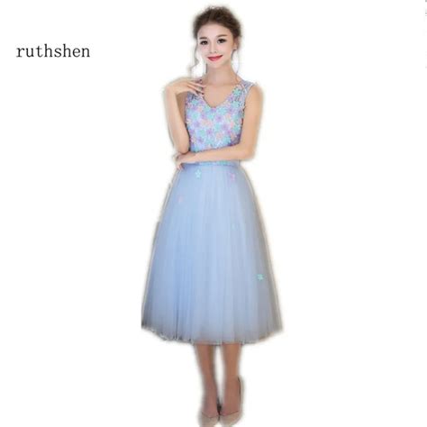 Ruthshen Light Pink Cocktail Dresses 2018 V Neck Appliques Tulle Tea