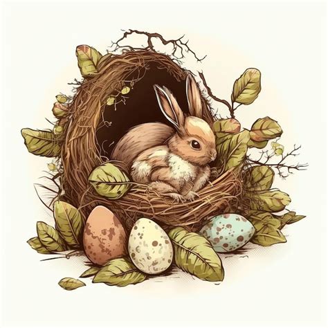 Premium Photo A Drawing Of A Bunny In A Nest With Eggs And Leaves