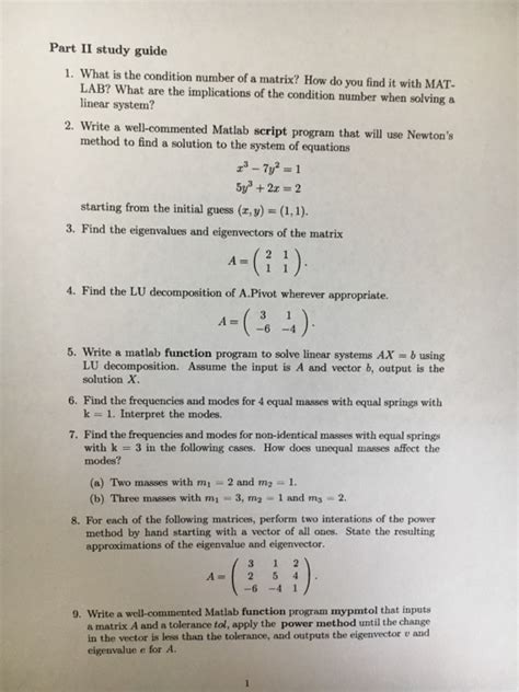 Solved Part II Study Guide 1 What Is The Condition Number Chegg Com