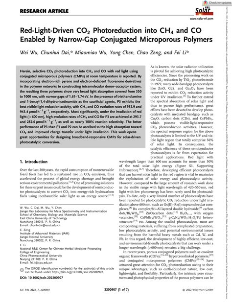 Pdf Red‐light‐driven Co2 Photoreduction Into Ch4 And Co Enabled By Narrow‐gap Conjugated