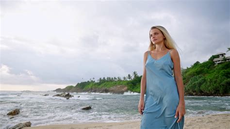 Elegant Model In Blue Dress Strolls Sea On Stock Footage Sbv 348799385