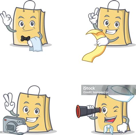 웨이터가 메뉴 사진 쌍안경 벡터 일러스트 가방 문자 집합 만화에 대한 스톡 벡터 아트 및 기타 이미지 만화 소매 소비자주의 쇼핑 Istock