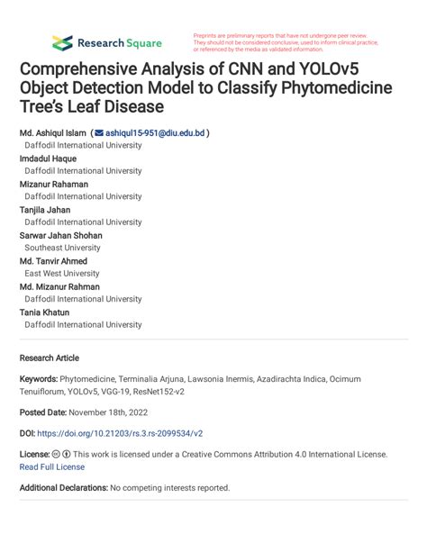 Pdf Comprehensive Analysis Of Cnn And Yolov5 Object Detection Model To Classify Phytomedicine