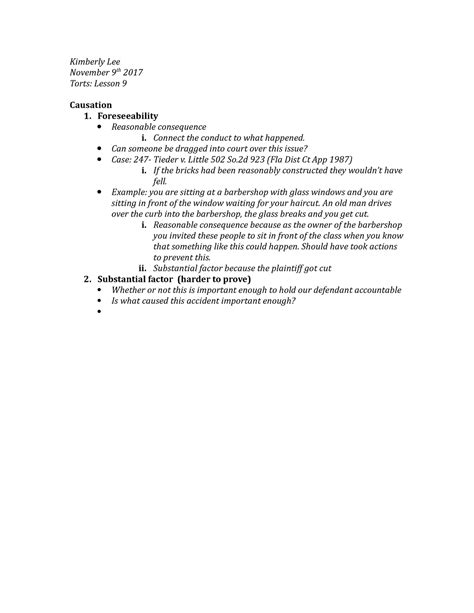 Lesson 9 Lecture Notes 9 Kimberly Lee November 9th 2017 Torts Lesson 9 Causation 1 Studocu