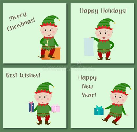 Set Of Greeting Cards Cute Joyful Santa S Helpers Elves With Presents Stock Illustration