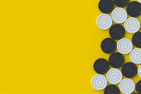 노란색 배경에 많은 흩어져있는 체커 조각 보드 게임 취미와 여가 아이 장난감 평면도 공간을 복사합니다 3d 렌더링 3차원 형태에 대한 스톡 사진 및 기타 이미지 Istock