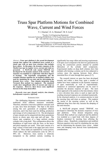 Pdf Truss Spar Platform Motions For Combined Wave Current And Wind Forces