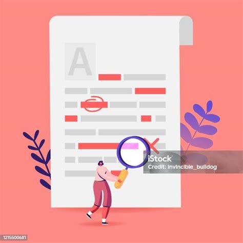 거대한 돋보기 편집 및 학교 또는 대학에서 종이 테스트에서 실수를 수정여성 문자 교사 또는 학생은 문법 및 문장 부호 밑줄