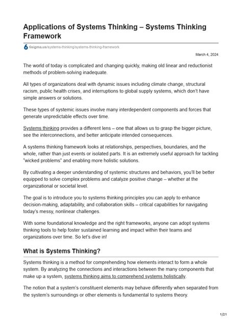 Applications Of Systems Thinking Systems Thinking Framework Pdf Systems Theory