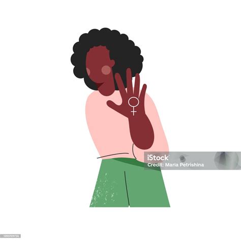 여성의 권리와 권력 또는 성폭력과 괴롭힘에 항의 페미니즘 개념 강한 소녀 쇼 중지 제스처 여성 연대 흰색에 고립 된 만화 플랫 벡터 일러스트레이션 가린 얼굴에 대한 스톡