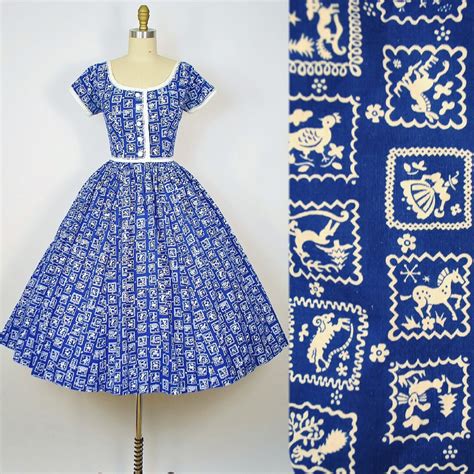 Vintage 1950s Novelty Print Lanz Dress 50s Navy Blue Cotton Sundress