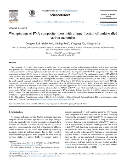 Pdf Wet Spinning Of Pva Composite Fibers With A Large Fraction Of Multi Walled Carbon Nanotubes