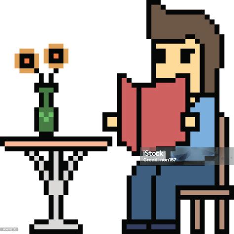 벡터 픽셀 아트 사람 책을 읽고 귀여운에 대한 스톡 벡터 아트 및 기타 이미지 귀여운 꽃 식물 꽃병 Istock