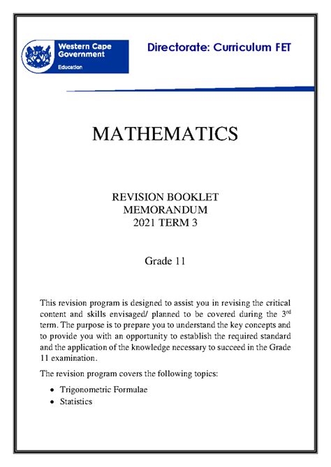 Mathematics Grade 11 Revision Answers Term 3 2021 1 Directorate