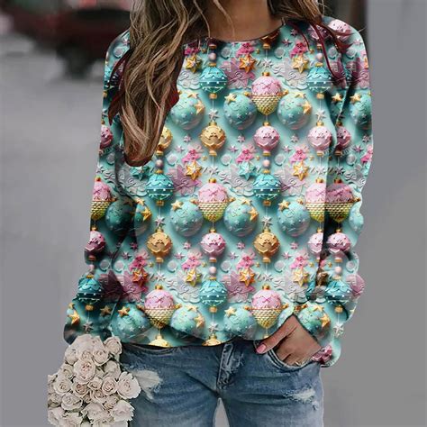 Jjayotai Christmas Tops For Women 3d Santa Print Long Sleeve Fall