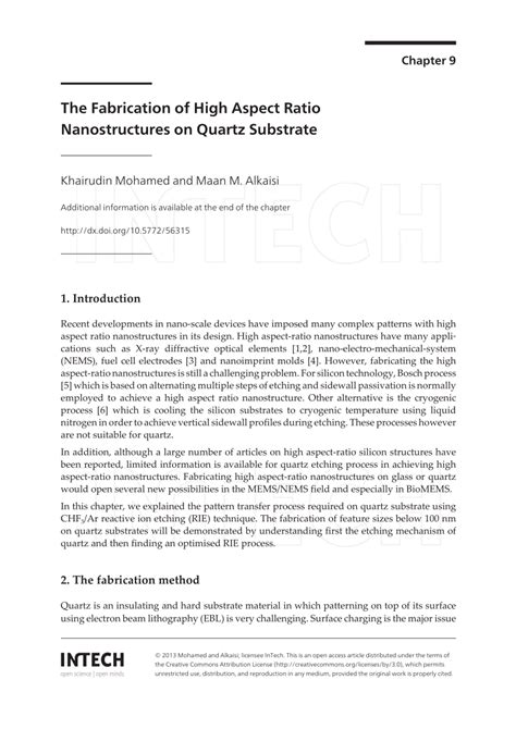 Pdf The Fabrication Of High Aspect Ratio Nanostructures On Quartz