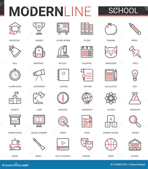 School Education Thin Red Black Line Icon Vector Illustration Set With Outline Schooling Mobile