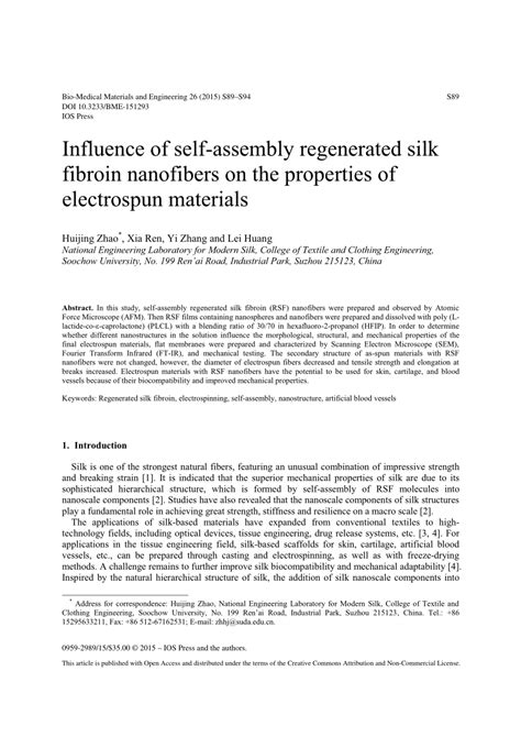 Pdf Influence Of Self Assembly Regenerated Silk Fibroin Nanofibers On The Properties Of