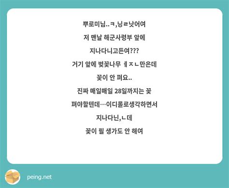 뿌로미님ㅋ닝ㄹ낫어여 저 맨날 해군사령부 앞에 지나다니고든여 거기 앞에 벚꽃나무 ㅔㅈㄴ만은데 Peing 質問箱
